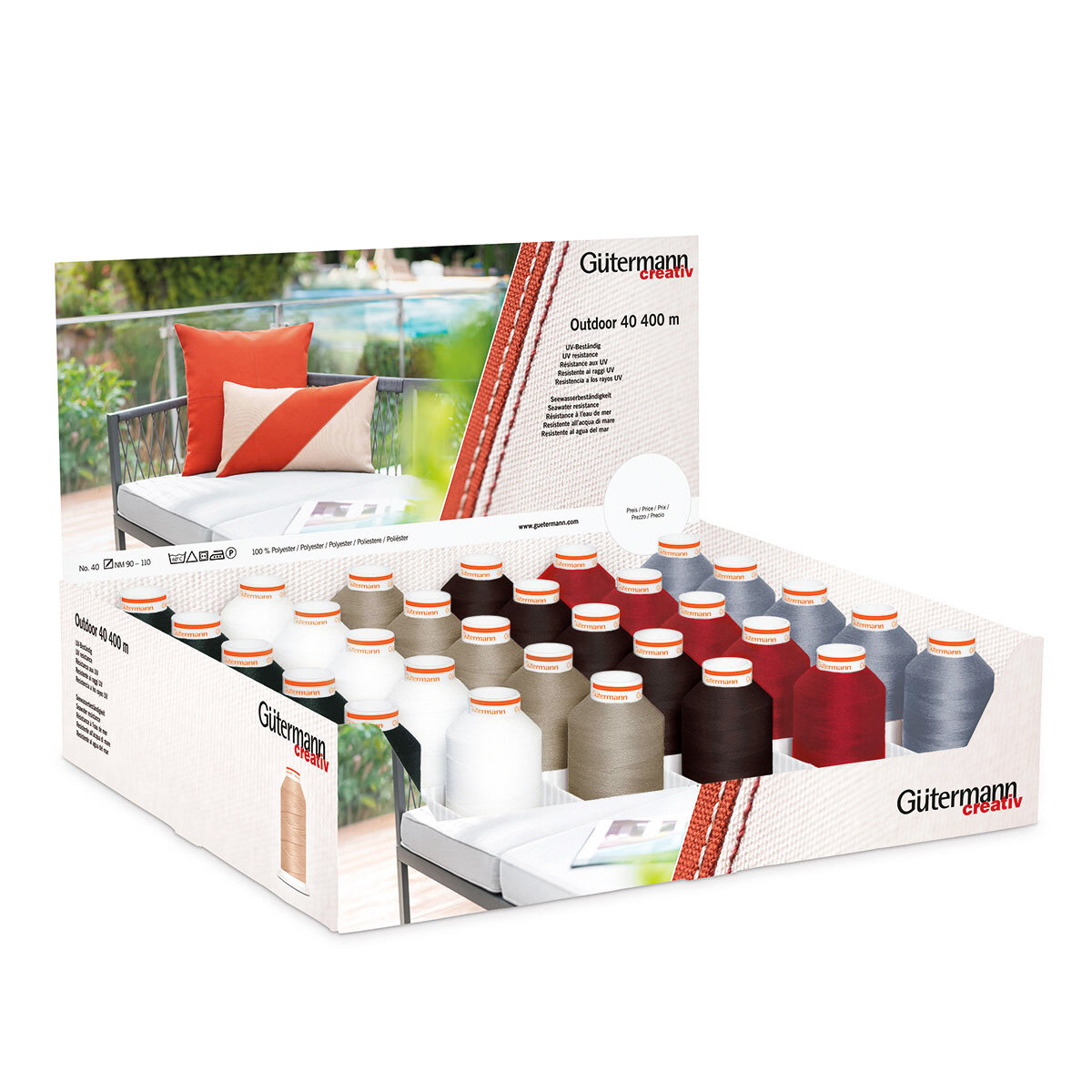 Нитки швейные прочные для уличных тканей Gutermann Outdoor №40, 400м, 799729, дисплей 30 шт, 6 цветов (Col.1)
