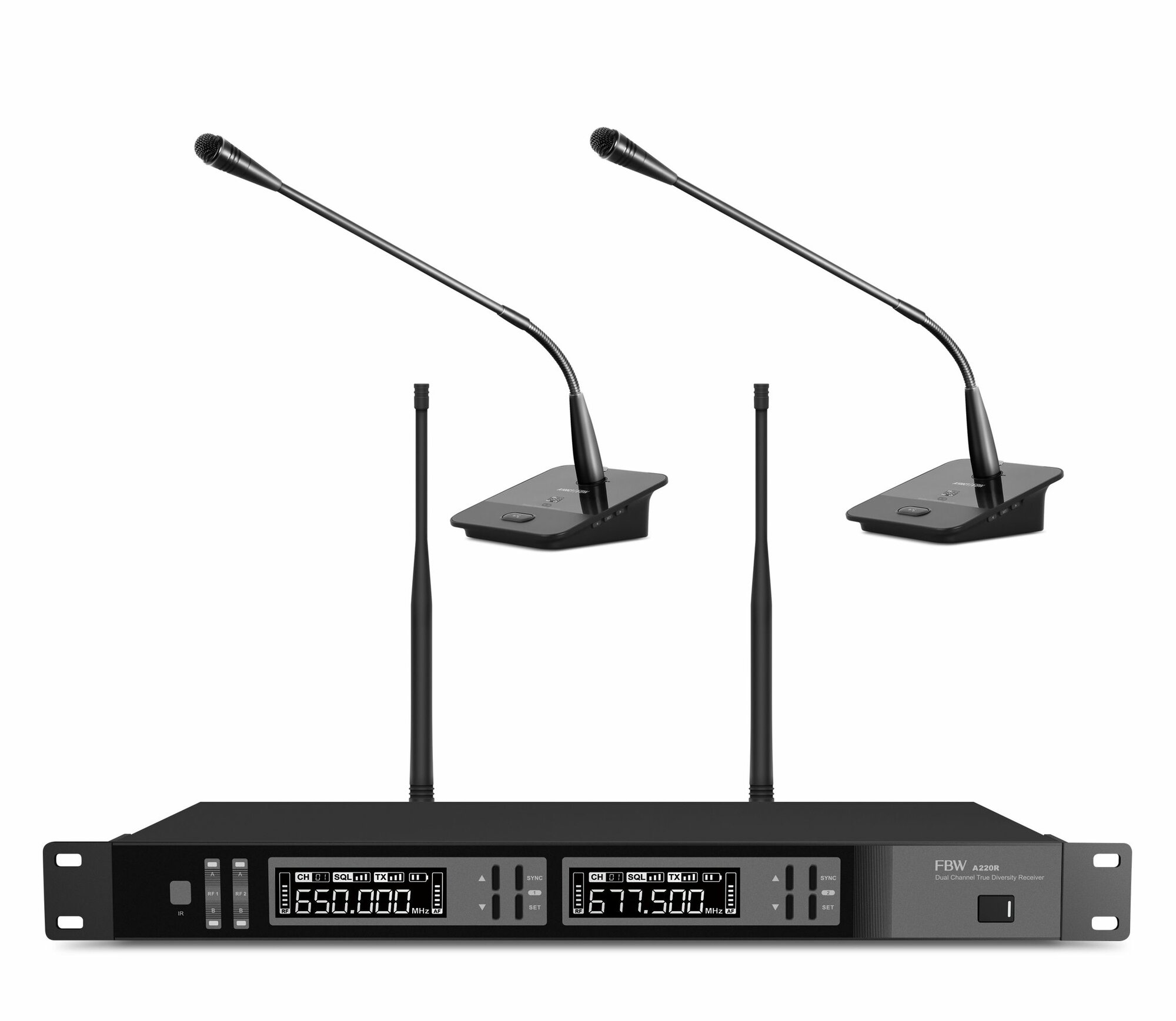 FBW A2D-CONFERENCE радиосистема, комплект из диверситивного приёмника A220R и двух передатчиков A100CT, 512-562МГц, индикация батареи, 50Гц-15кГц