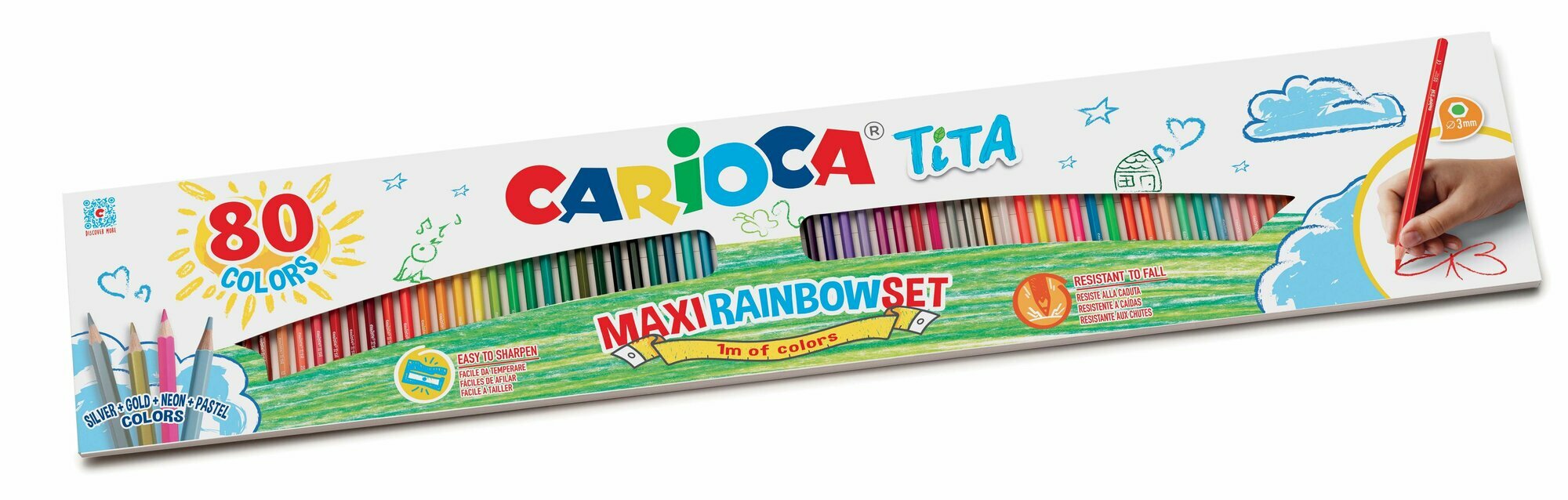 CARIOCA Tita Maxi Rainbow SET большой набор цветных карандашей для рисования, пластиковые, заточенные, 80 штук, 42890