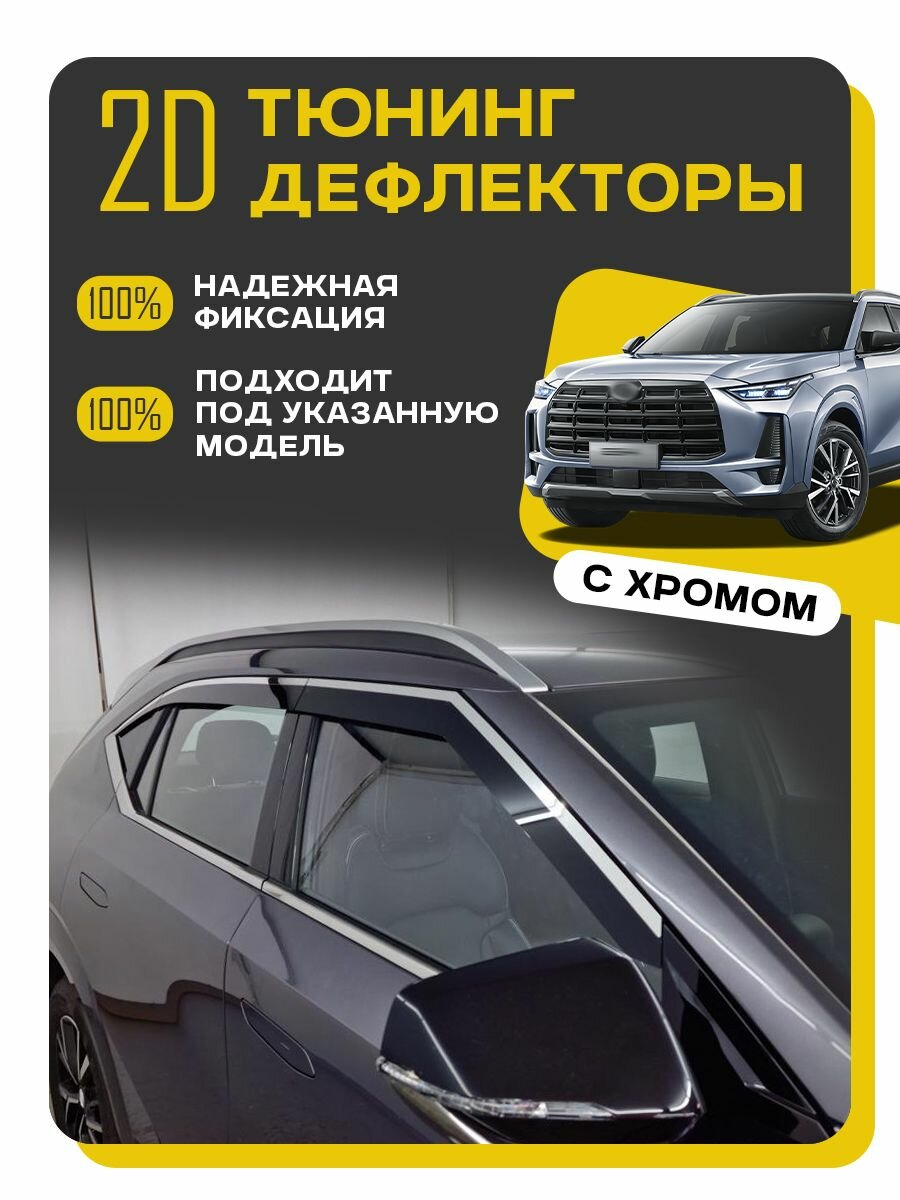 Плоские тюнинг дефлекторы с хромом для окон GAC GS4 (2024-2025) 1 поколение / Ветровики на Гак ГС4. Комплект 6 шт.