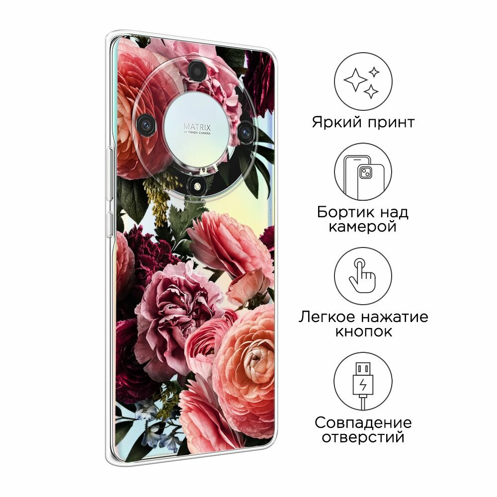 Чехол на Honor X9A / Хонор X9A с принтом "Бордовые винтажные цветы", прозрачный — фото 1