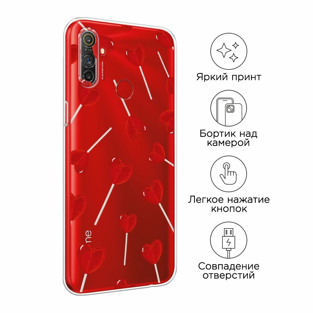 Чехол на Realme C3 / Реалми C3 с принтом "Сердечки-леденцы 2 - 14 февраля", прозрачный — фото 1