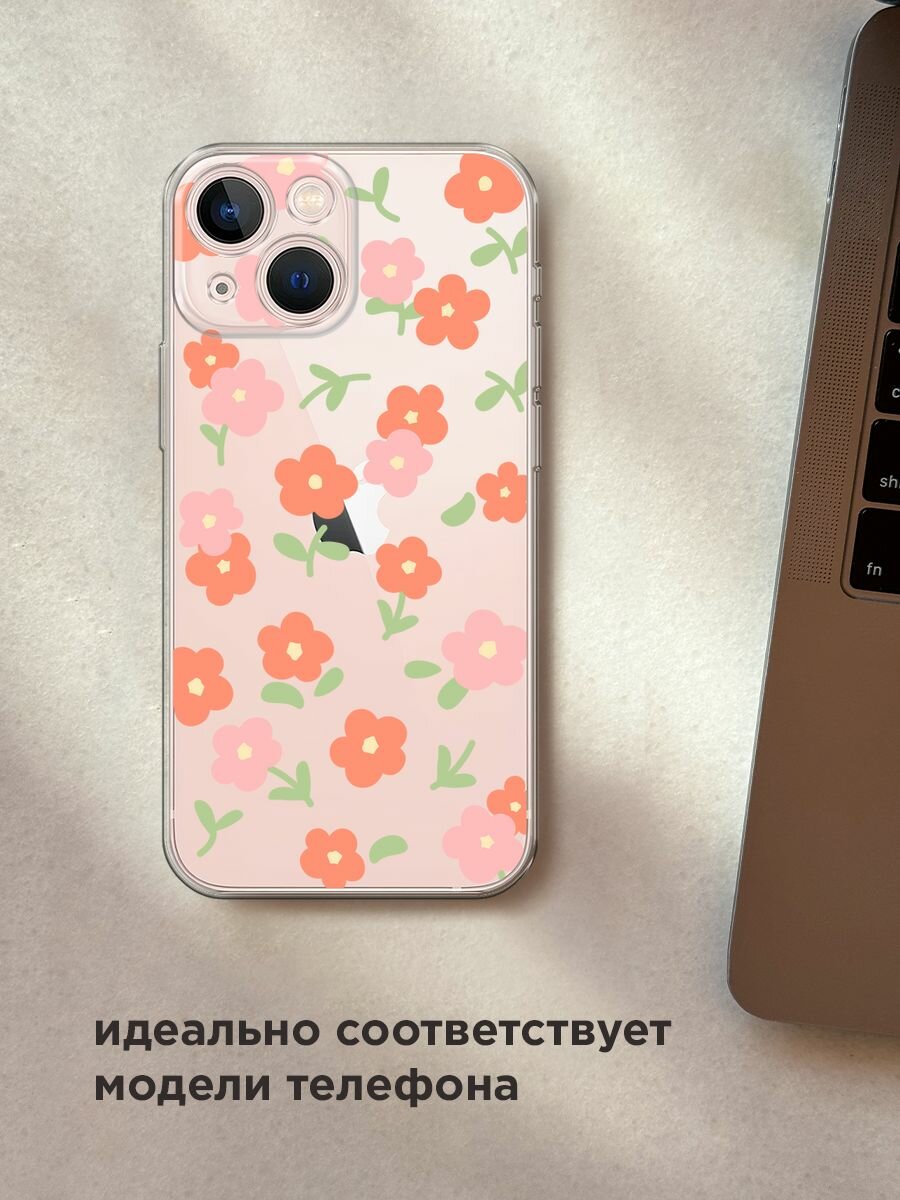 Чехол на Apple iPhone 13 mini / Айфон 13 мини с принтом "Красные цветочки рисунок", прозрачный — фото 1