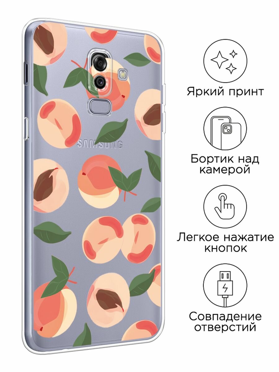 Чехол на Samsung Galaxy J8 / Самсунг Галакси Джей 8 с принтом "Нежные персики паттерн 2", прозрачный — фото 1