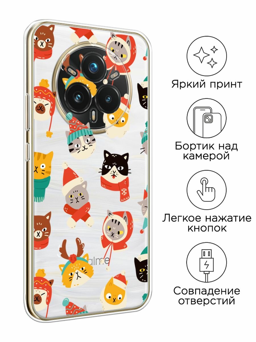 Чехол на Realme 14 Pro+ / Реалми 14 Про+ с принтом Праздничные котики, прозрачный — фото 1