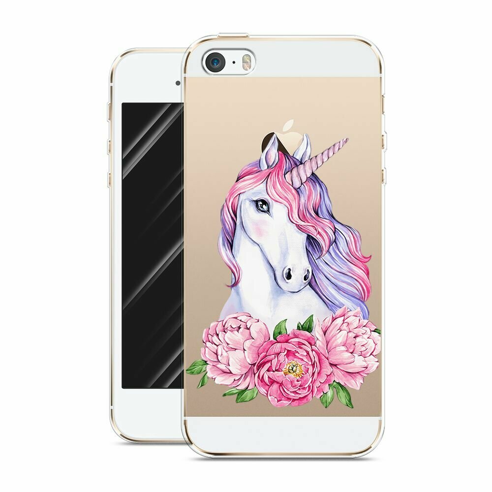Чехол на Apple iPhone 5/5S/SE / Айфон 5/5S/SE с принтом "Единорог с пионами", прозрачный — фото 1