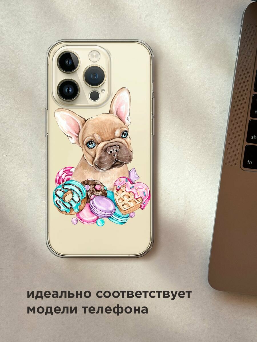 Чехол на Apple iPhone 14 Pro / Айфон 14 Про с принтом "Бульдог и сладости", прозрачный — фото 1
