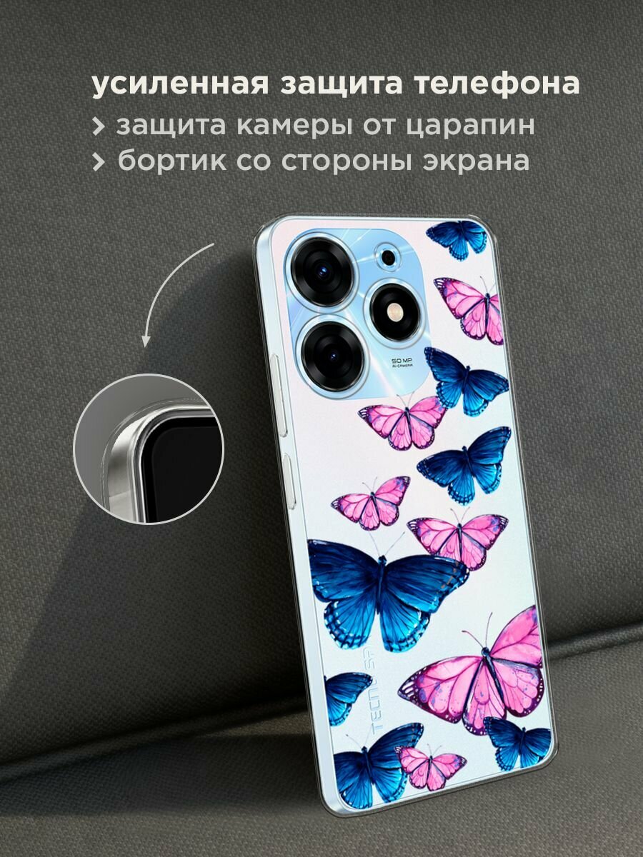 Чехол на Tecno Spark 10 Pro / Текно Спарк 10 Про с принтом "Взлетающие бабочки", прозрачный — фото 1