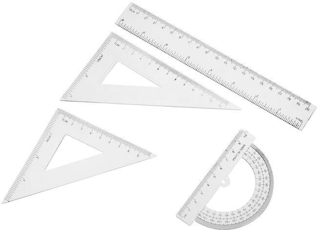 Набор чертёжный, прозрачный, 4 предмета (линейка 20 см, угольник 14 см/ 30°, угольник 10 см/ 45°, транспортир), 5471929