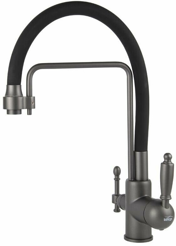 Смеситель для раковины на кухню с фильтром для питьевой воды. Кухонный кран с аэратором для мойки с черным гибким изливом VIKO V-5617 цвет воронёная сталь