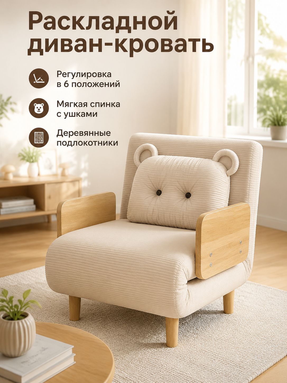 Складное кресло-кровать 65 см, обивка ткань, поролон, хаки