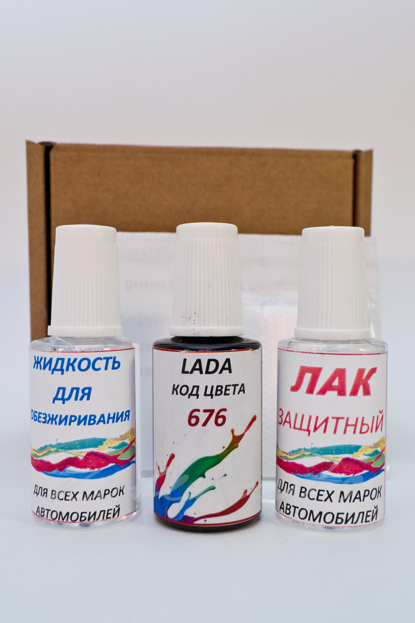 Подкраска для сколов во флаконе с кисточкой 676 для LADA Черная Жемчужина, Черный, краска+лак+обезжириватель 3 предмета