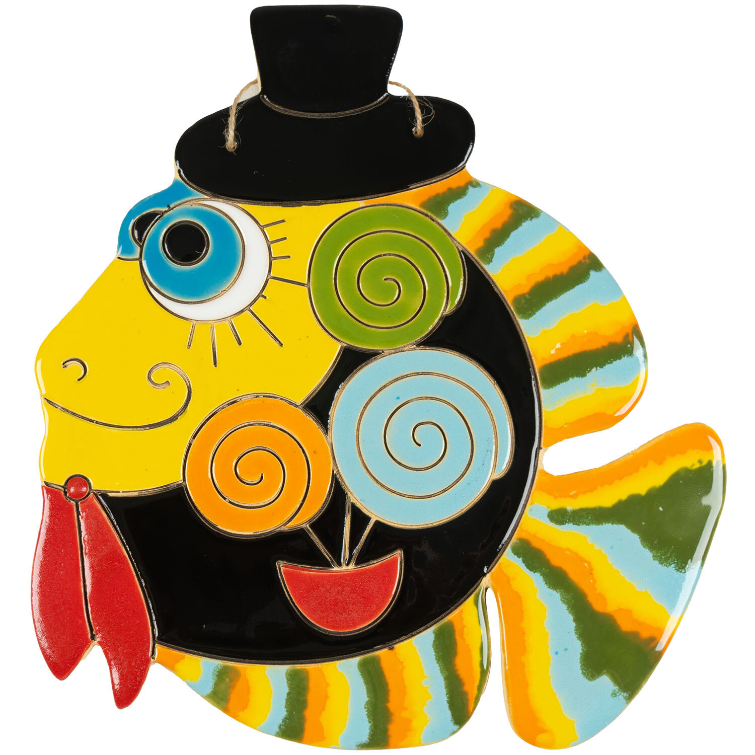 Панно декоративное Рыба джентельмен во фраке и цилиндре керамическое авторской ручной работы