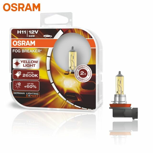 Галогенные лампы OSRAM Fog Breaker 12V 2600K H1 H3 H4 H7 H8 H11 H16 HB3 HB4 комплект 2 шт желтый свет оригинал