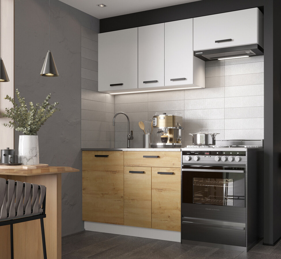 Кухонный гарнитур, кухня, готовый комплект Хозяюшка 1,1 м + ГАЗ600 Дуб Вотан/Белый гладкий