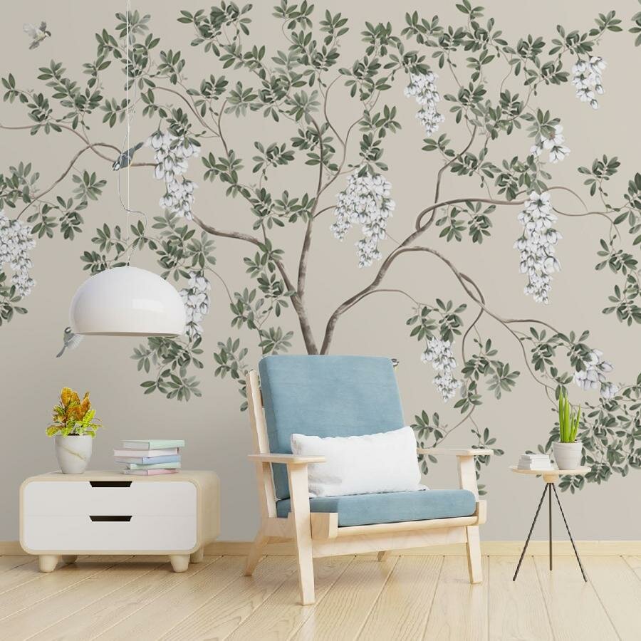 Фотообои Дерево с листьями и птицами 13-911-S-Холст 270 x 200 см (ВхШ) Бесшовные, флизелиновые, влагостойкие обои