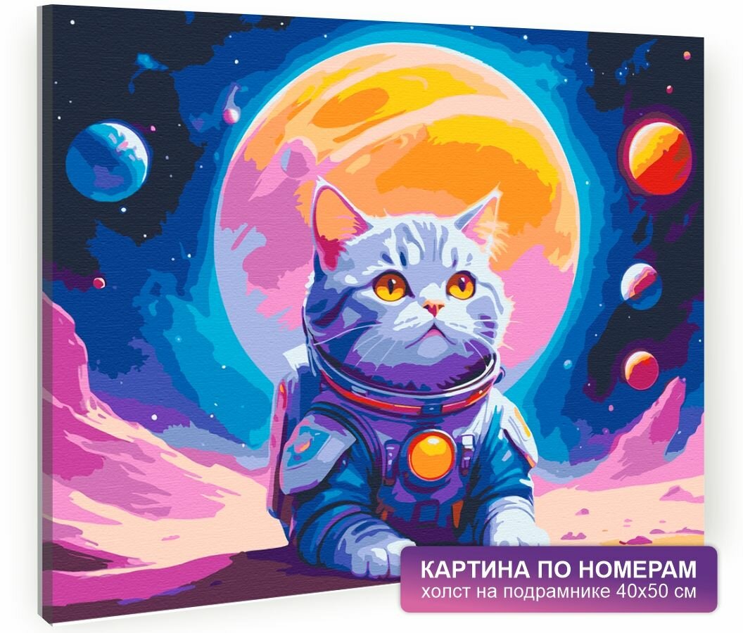 Картина по номерам на холсте с подрамником 40х50 см. Природа, животные, рыбы, птицы. Кот, кошка, котенок. "Фелисетт, кот в космосе", арт. 5358/