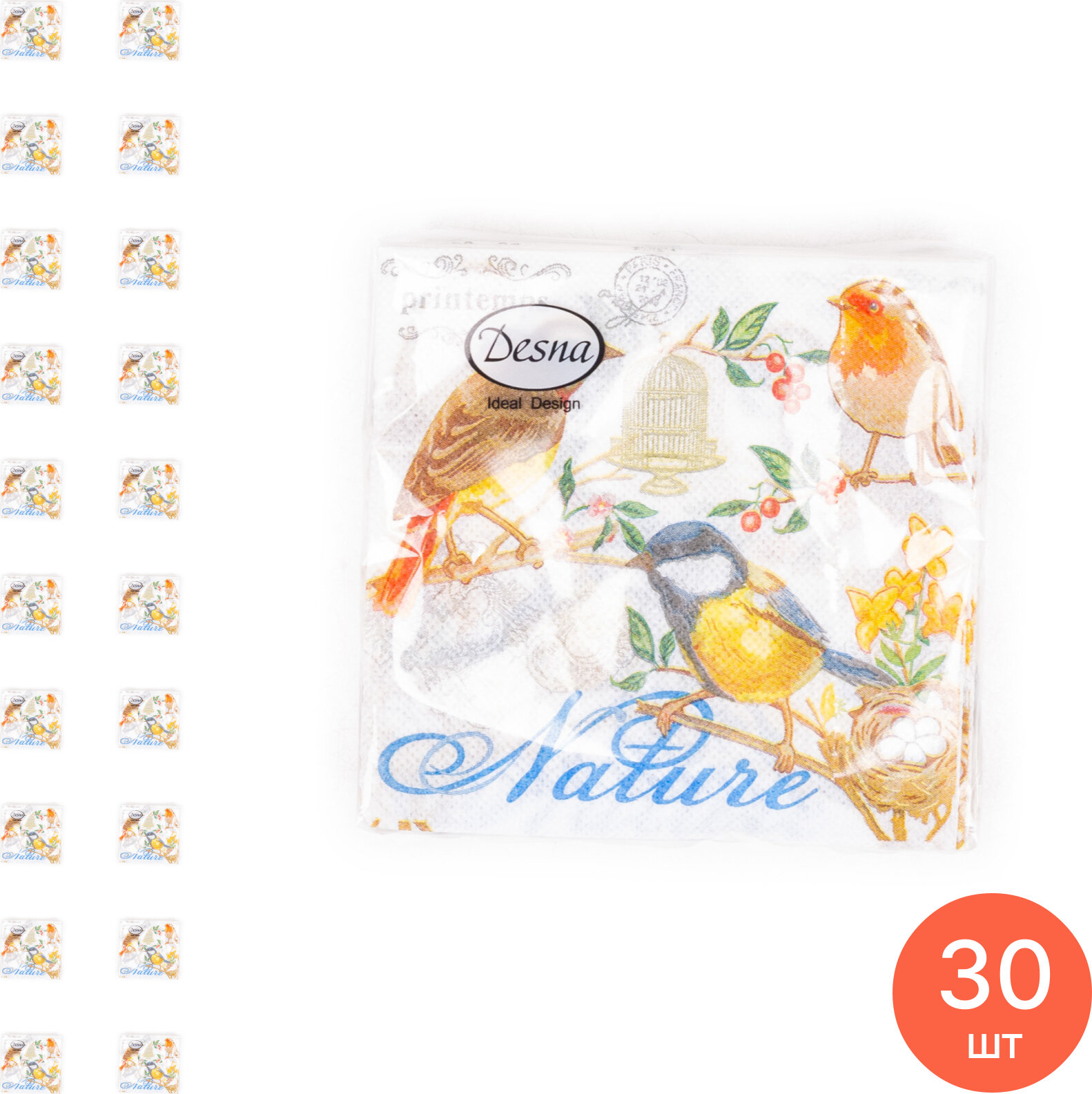 Салфетки бумажные DESNA / Десна Птицы, однослойные, из целлюлозы, разноцветные, 24х24см, в упаковке 40шт. (комплект из 30 шт)