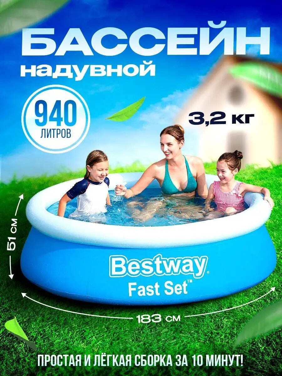 Бассейн надувной круглый для детей и взрослых, 183x51 см, 940 л
