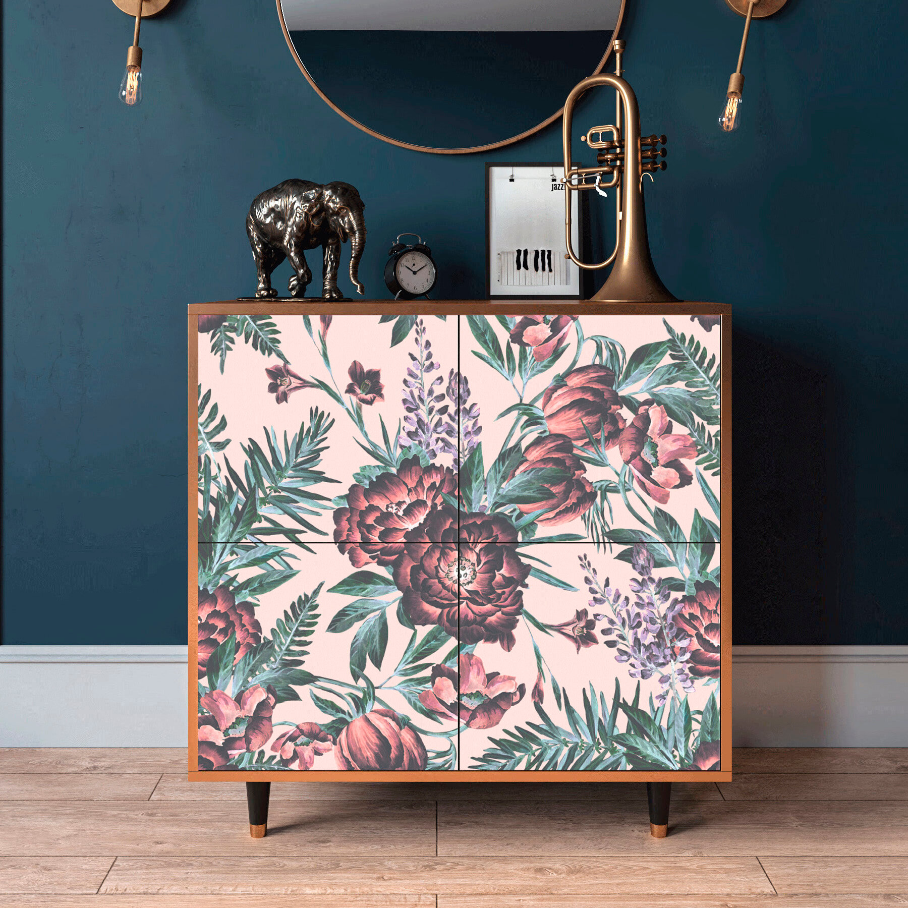 Комод - STORYZ - BS3 Peach Peonies, Размер - 94 x 96 x 48 см, Цвет корпуса - Орех