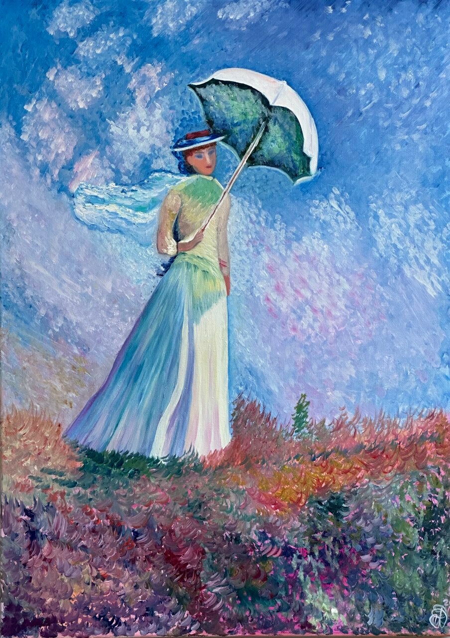 Картина маслом Дама с зонтиком, по мотивам Клода Моне, размер 70*50 см,