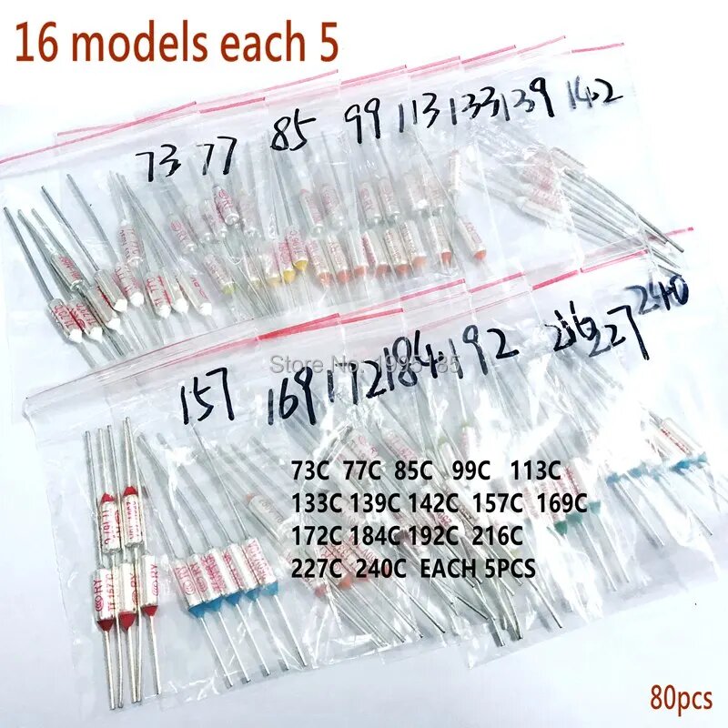 16 значений = 80 шт. в ассортименте набор тепловых предохранителей 10 А 250 В, термопредохранители 73C градусов-240C градусов, температурный предохранитель, переключатель, RY-113 240