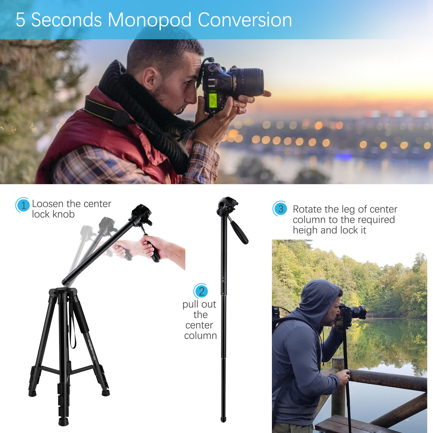 Andoer TTT-003 2-в-1 Штатив для фотосъемки, монопод, алюминиевый сплав, поворотная головка в 3 направлениях, макс. высота 163 см, грузоподъемность 5 кг, с зажимом для телефона, сумка для переноски смартфонов, цифровых зеркальных фотокамер, видеокамер
