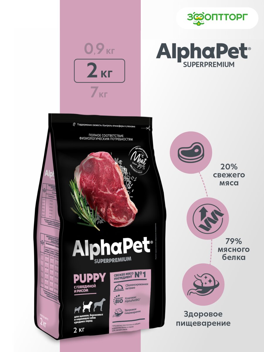Сухой корм AlphaPet Superpremium для щенков, беременных и кормящих собак средних пород Говядина и рис, 2 кг.