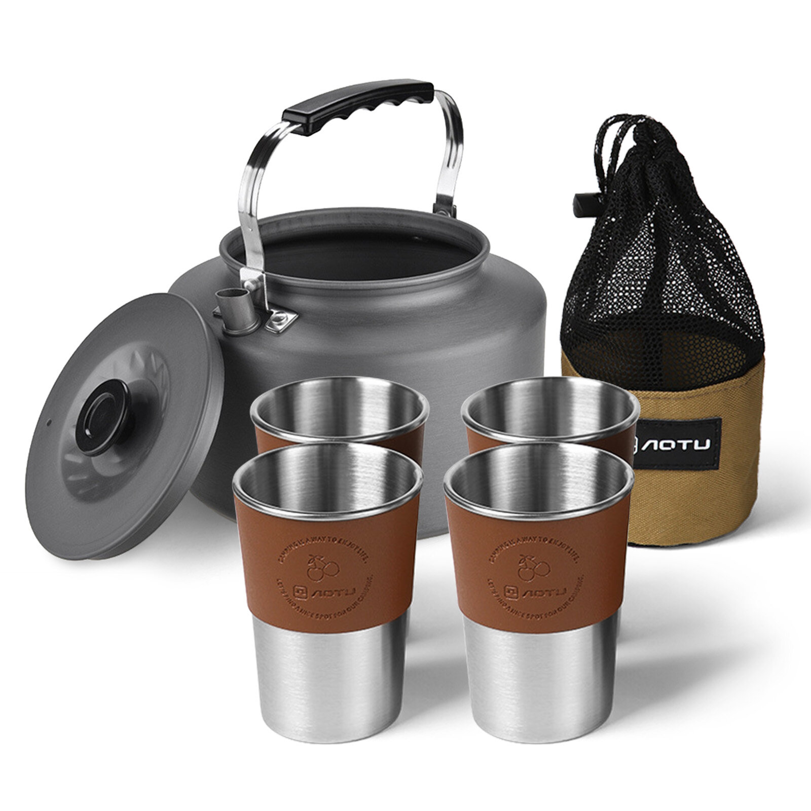 Корт для кемпинга для открытого огня 2L Camp Cettle + 4*360 мл из нержавеющей стали стакана с теплостойкими чехлами и мешкой для кубки для приключений на открытом воздухе.