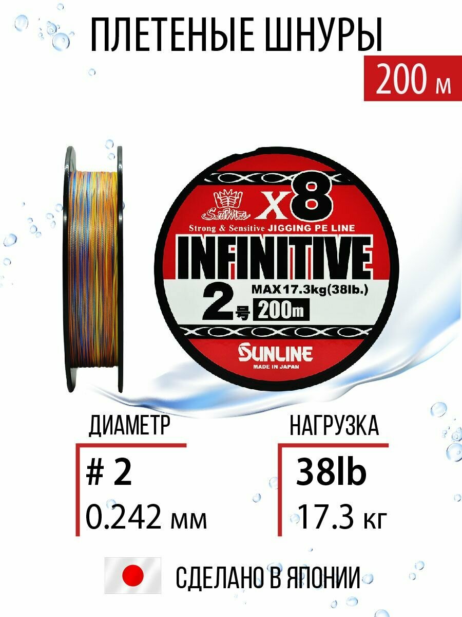 Плетёный шнур для рыбалки Sunline INFINITIVE x8 #2.0/38lb 200m Multi Color леска рыболовная