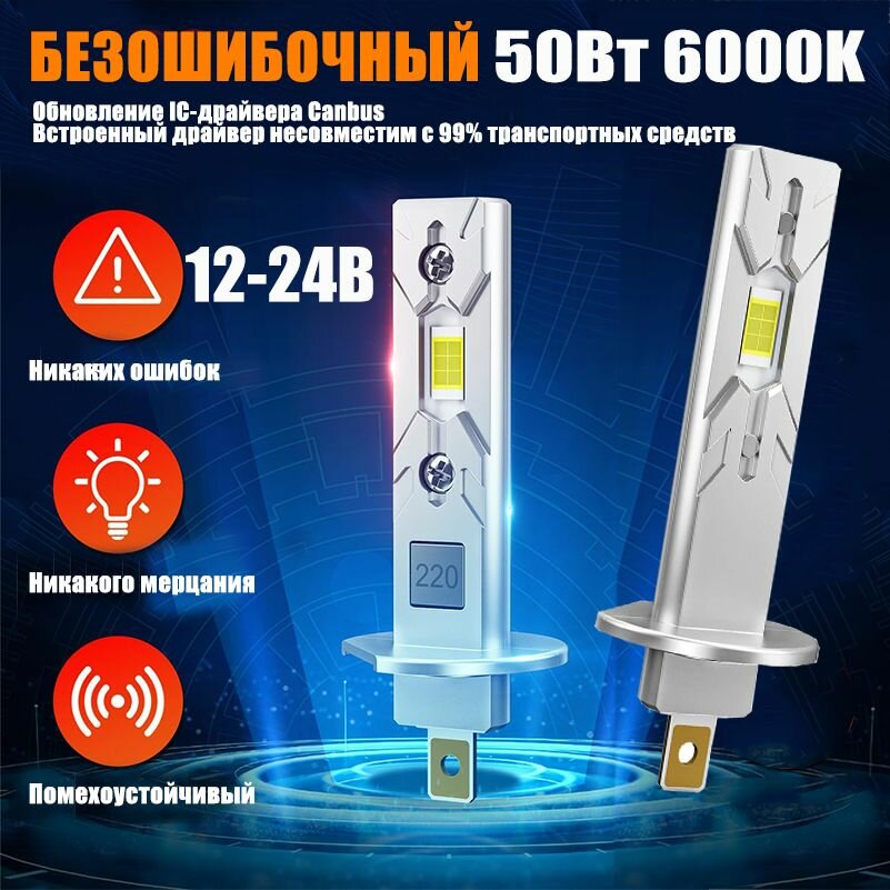 Toyuki Лампа автомобильная H1, 2 шт. арт. Светодиодные H1 Led лампы Мини подключается и играй Противотуманные фары 12B 24B 6000K