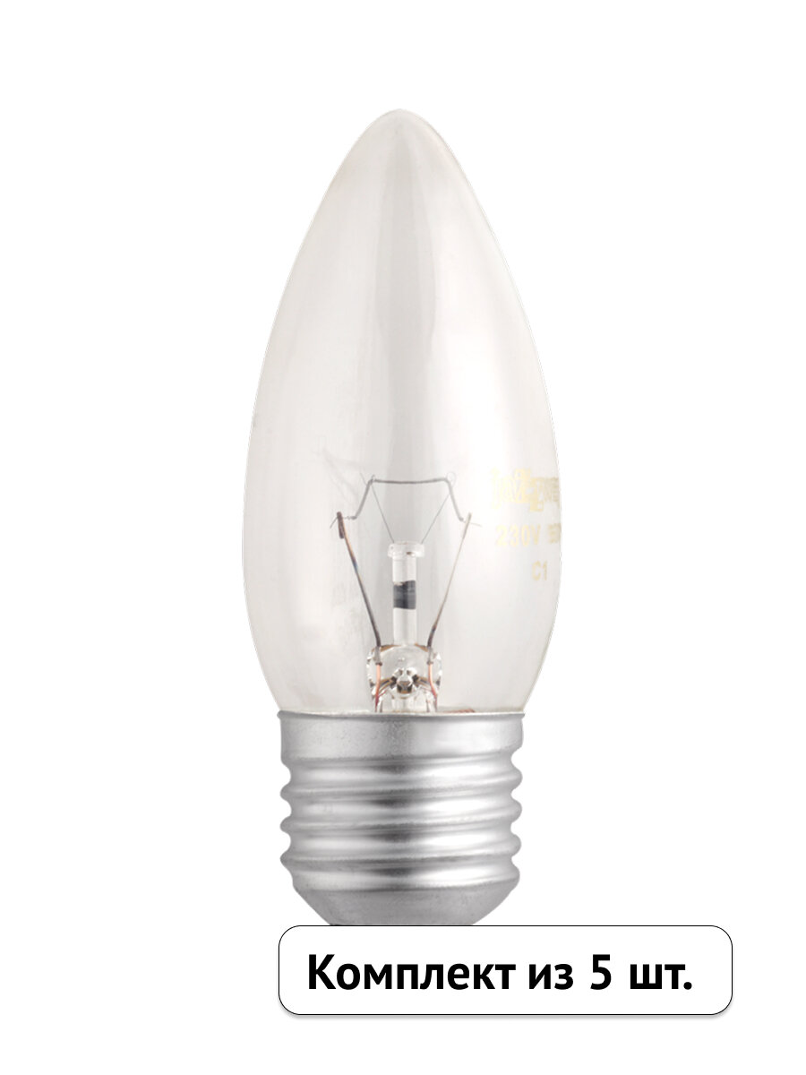 Лампочка накаливания Jazzway 40Вт, 380Лм, 2700К, E27 B35, прозрачная свеча (комплект из 5 шт.)