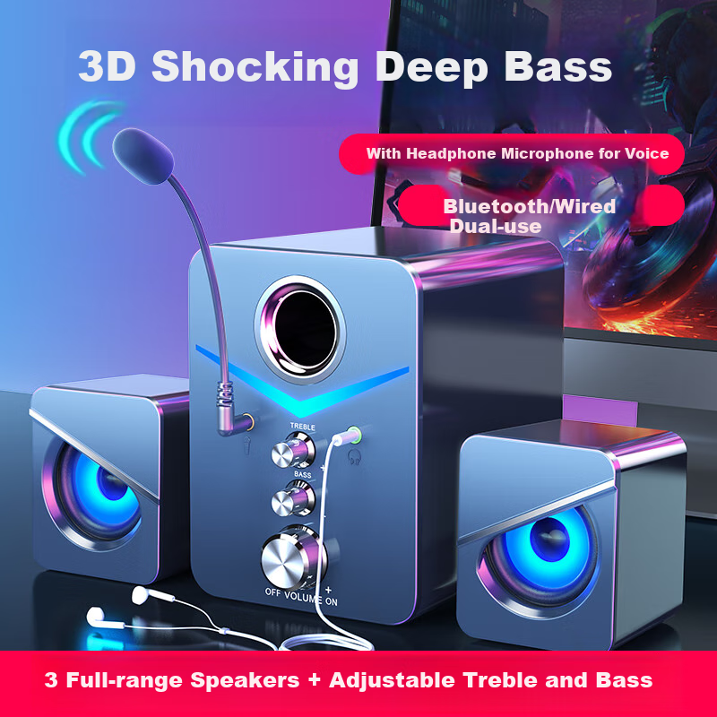 Saida Настольные компьютерные колонки 2.1 с Bluetooth, проводным подключением и встроенным микрофоном/наушниками