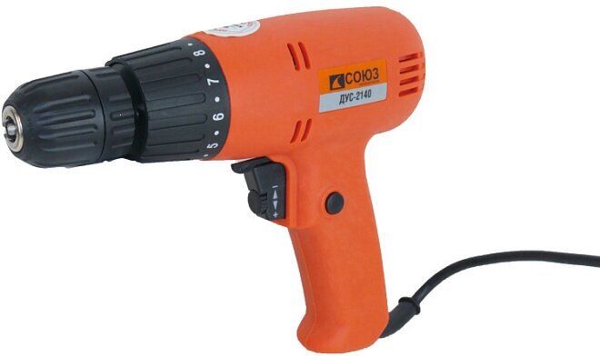 Дрель-шуруповерт сетевая Союз ДУС-2140 220В 400Вт, 0-800об/мин, БЗП-10мм, кабель 2м, 1.2кг