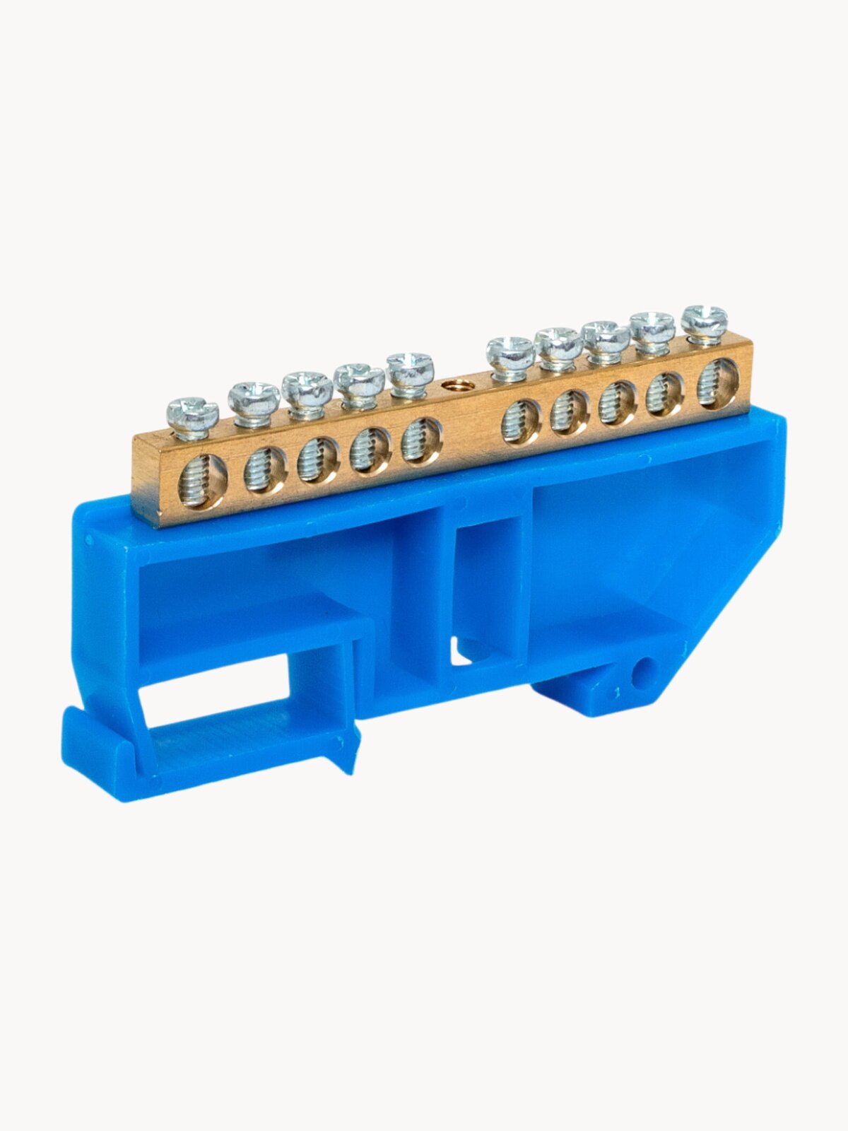 Шина нулевая EKF "0" N, 6x9мм, 10 отверстий по 4 и 6 мм - сечение 1,5-25 кв. мм, латунь, синий изолятор на DIN-рейку р/у