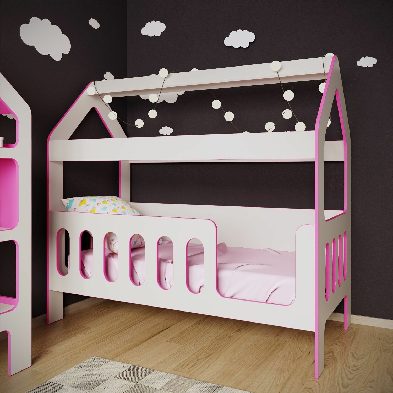 Кровать детская с бортиком под матрас 160х80, кровать-домик, БазисВуд "Классик", цвет розовый