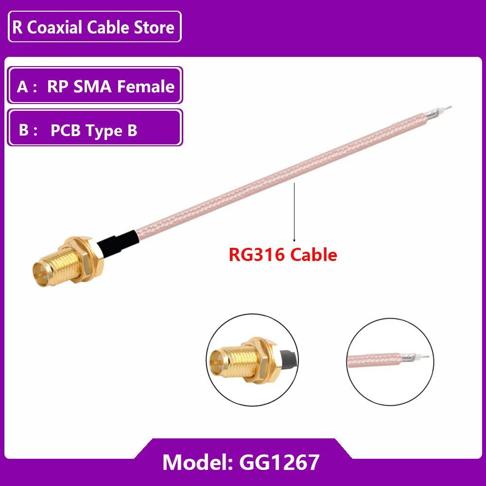 RG316 кабель SMA «мама» на печатную плату R 1M, RP SMA F to PCB B