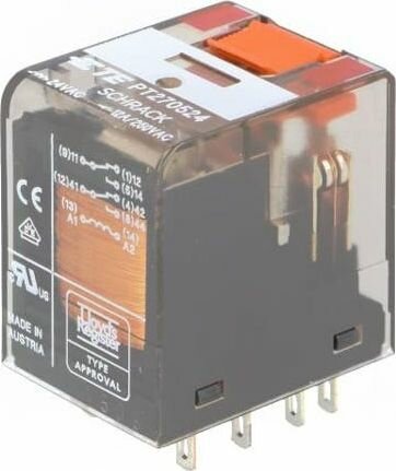 Реле TE Connectivity PT270524 электромагнитное, DPDT, Uобмотки 24ВAC, 12A/250ВAC, 12А, 1 шт