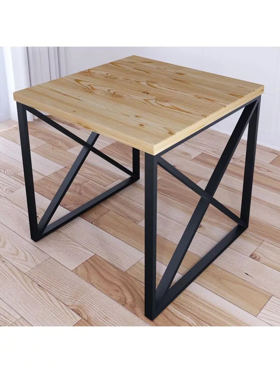 Стол кухонный Loft с квадратной столешницей без шлифовки и покрытия из массива сосны 40 мм и черными металлическими крестообразными ножками, 80x80х75 см