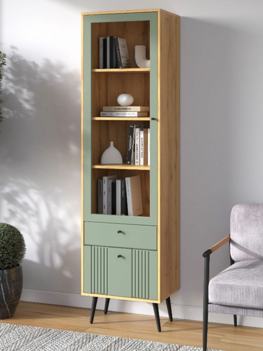 Шкаф-витрина Вега Саксония 1 дверь, с полками, с ящиками, с доводчиками, 53.7х40х200 см, Дуб Крафт золотой / Серо-зеленый