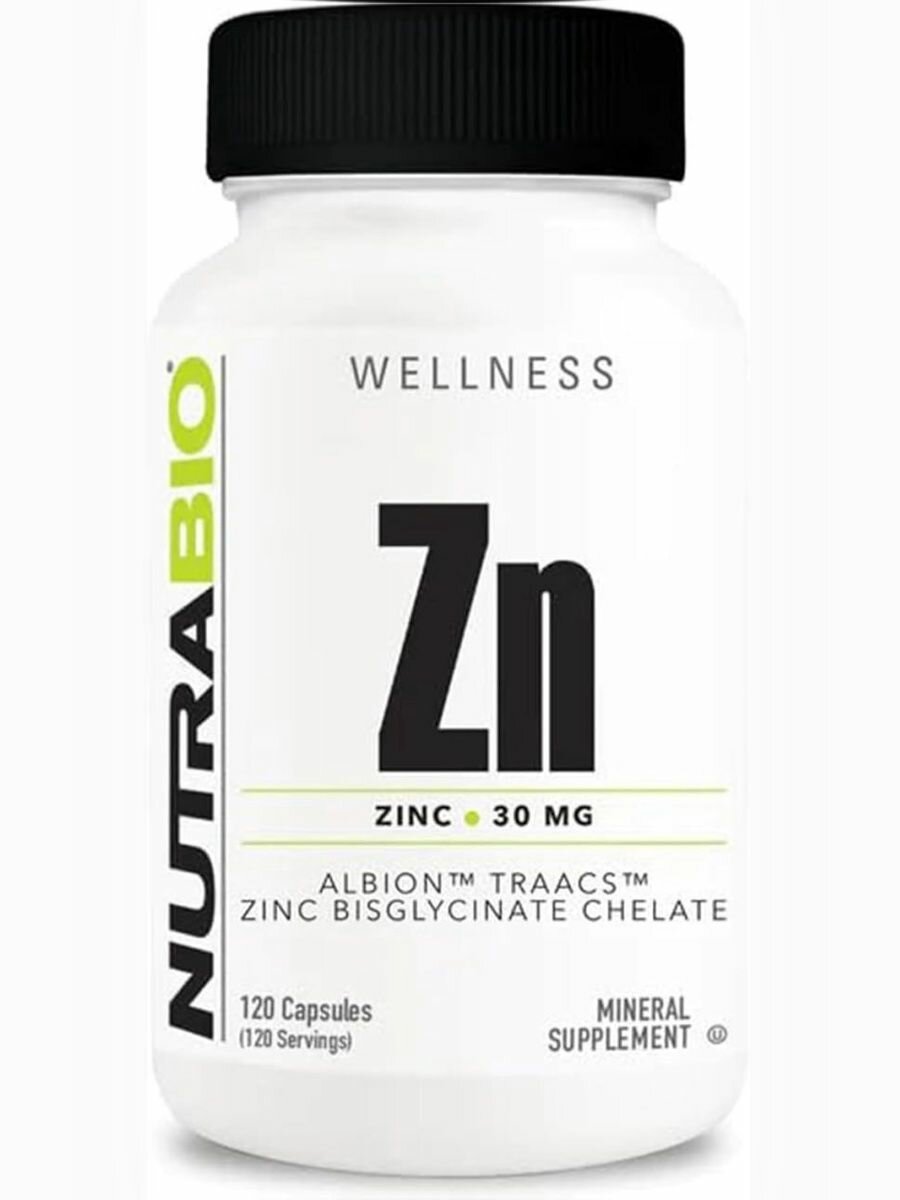 Витамины NutraBio "Цинк", 30мг, 120 капс, для здоровья кожи и ЖКТ