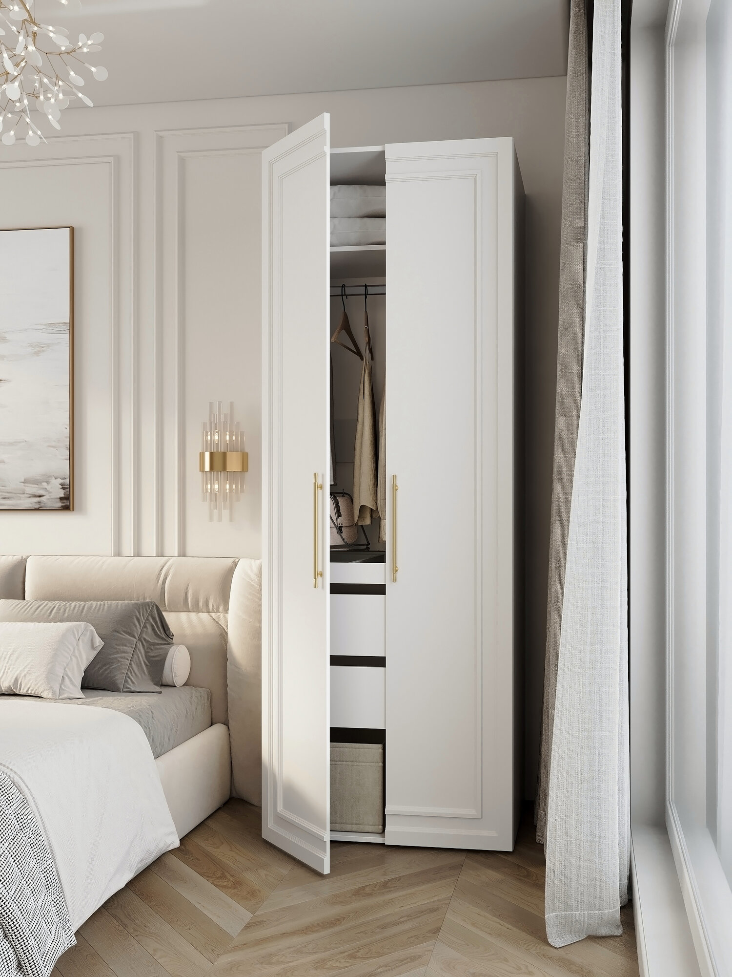 Шкаф шифоньер для одежды распашной Puzzlemebel Френсис, выдвижные ящики для белья и украшений, штанга, ширина 80, белый