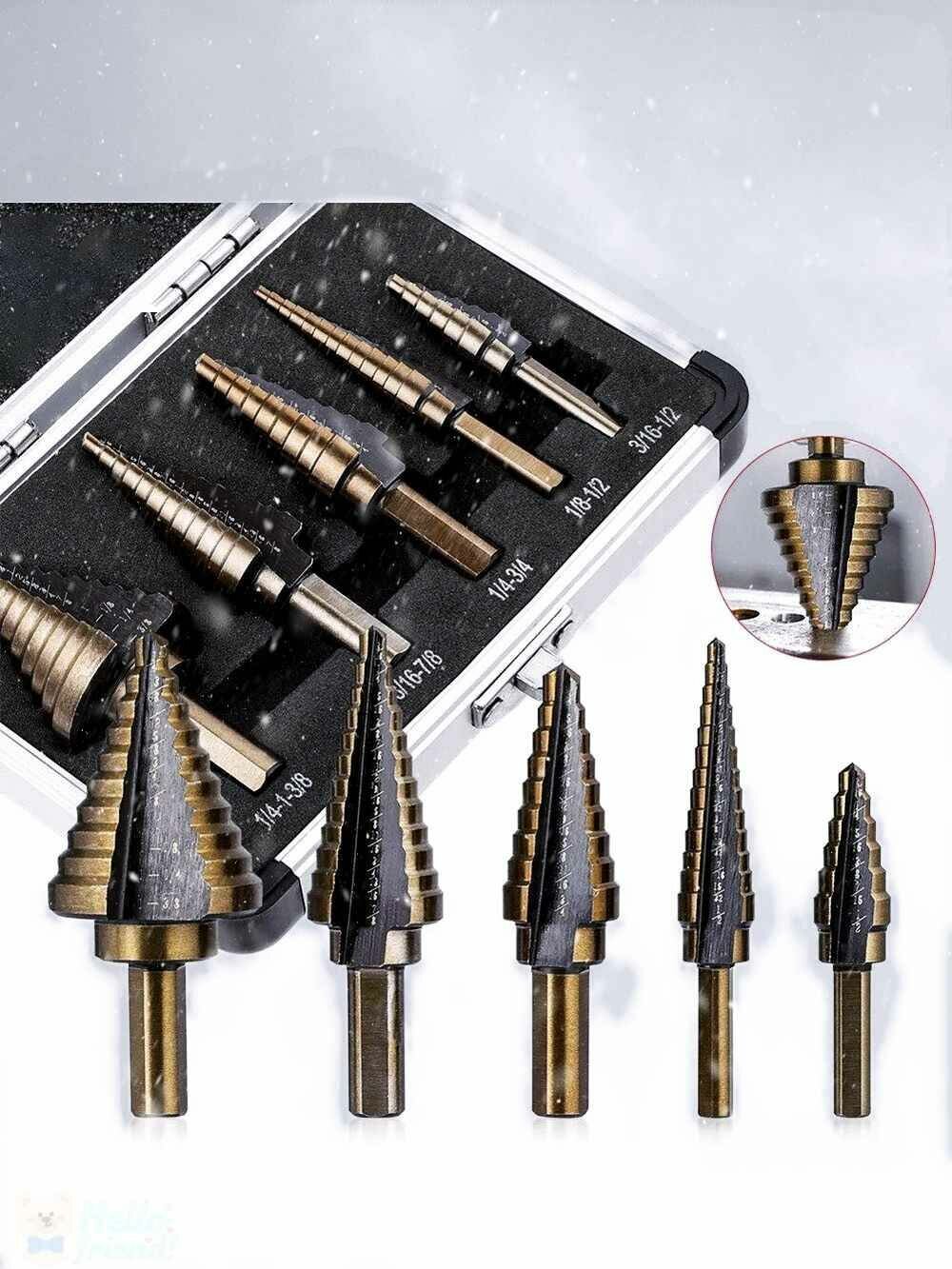 Набор ступенчатых сверл по металлу с титановым покрытием в кейсе 5шт (6-35, 5-22, 6-19, 5-13, 3-12мм)/сверло ступенчатое по металлу/трехгранный хвостовик