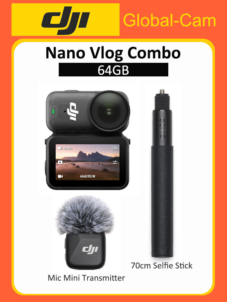 Влогинг камеры DJI Osmo Nano Vlog Combo (64GB) Black, Небольшой 4K / 60fps, 1 / 1.3 "Датчик, 143 ° Wide FOV Видео