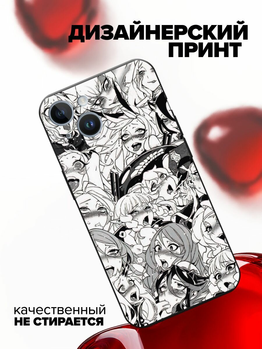 Черный матовый чехол на Apple iPhone 14 / Айфон 14 с принтом Ахегао манга тян — фото 1