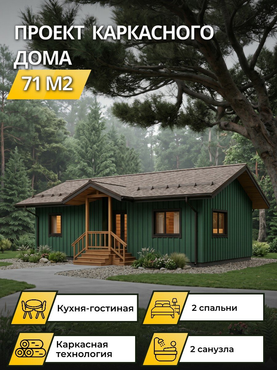 Проект каркасного дома/дачи 71 м2 с 2 спальнями и кухней гостиной