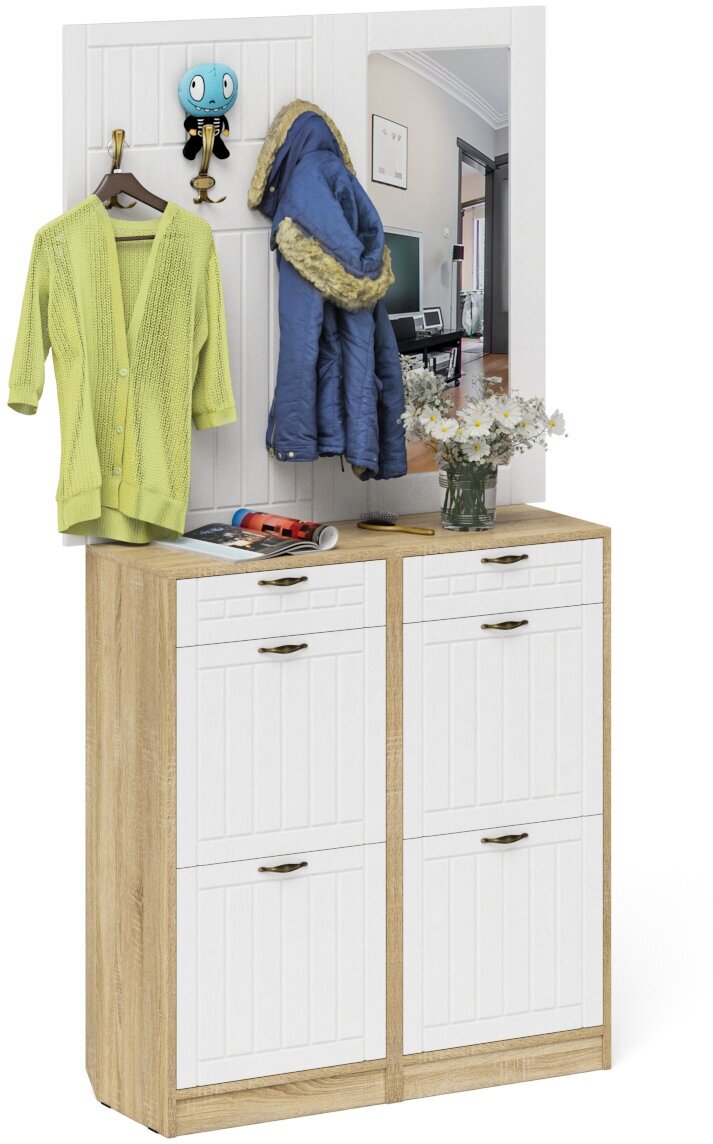 Две тумбы для обуви с ящиками вешалка и зеркало П-6 дуб сонома/фасады МДФ белое дерево фрезеровка прованс 0х35х200 см.