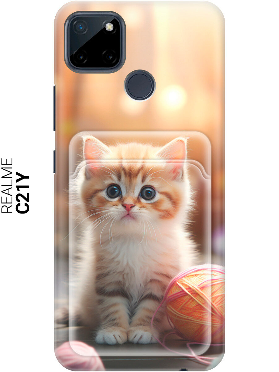 Силиконовый чехол на Realme C21Y / Рилми С21у с рисунком "Котик и нитки" и карманом для карт