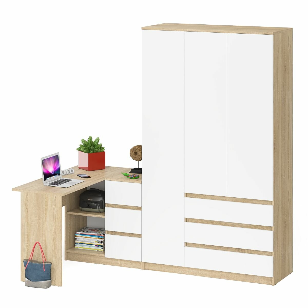 Стол компьютерный угловой СВК Мори МС-16 правый с шкафом-комодом с дверкой цвет дуб сонома/белый, 244,8х84,9х209,6 см.