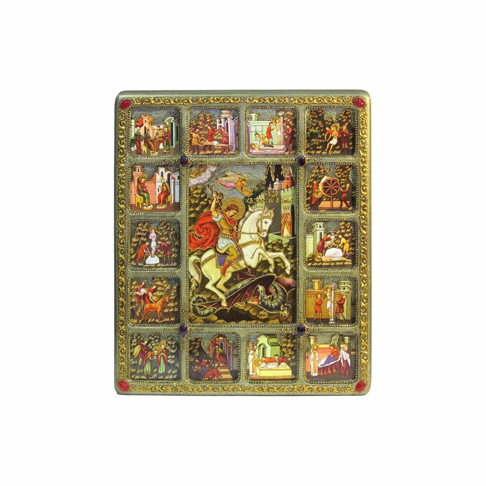 Большая подарочная икона Чудо святого Георгия о змие с житийными клеймами 30х37 см 999-RTI-751-1m